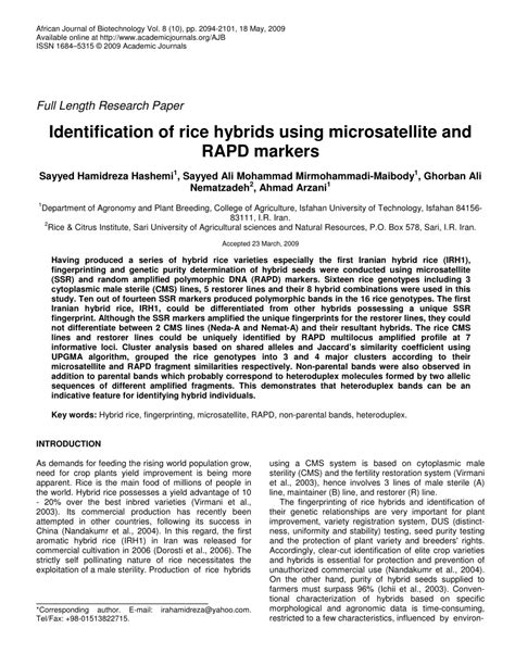 Pdf Identification Of Rice Hybrids Using Microsatellite And Rapd Markers