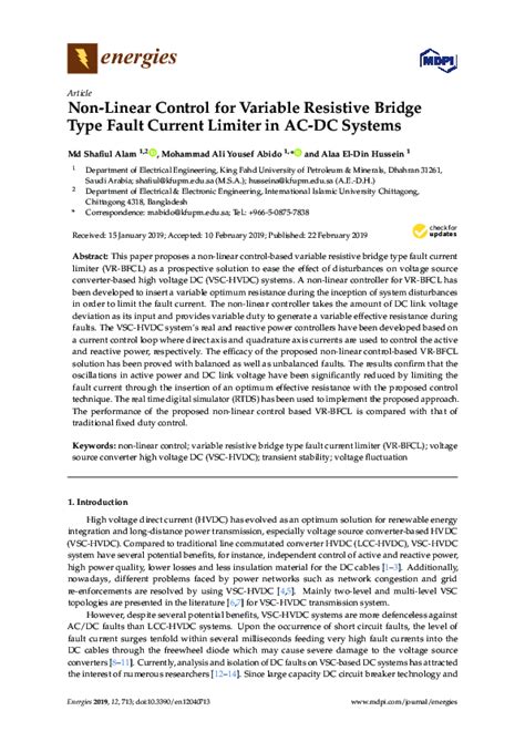 Pdf Non Linear Control For Variable Resistive Bridge Type Fault Current Limiter In Ac Dc Systems