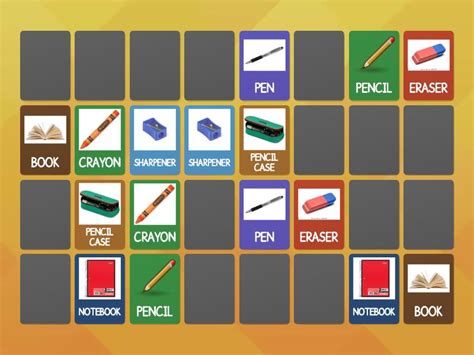 School Objects Memory Game Matching Pairs