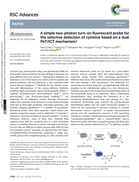Pdf A Simple Two Photon Turn On Fluorescent Probe For The Selective