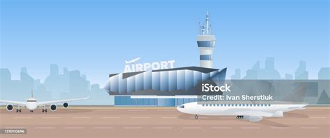 현대 공항 활주로 활주로에 비행기 평평한 스타일의 공항 시티 실루엣 벡터 일러스트레이션 3차원 형태에 대한 스톡 벡터 아트 및