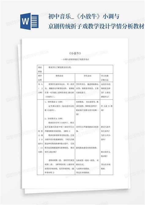 初中音乐《小放牛》小调与京剧传统折子戏教学设计学情分析教材分析课后word模板下载编号qzapdxkx熊猫办公