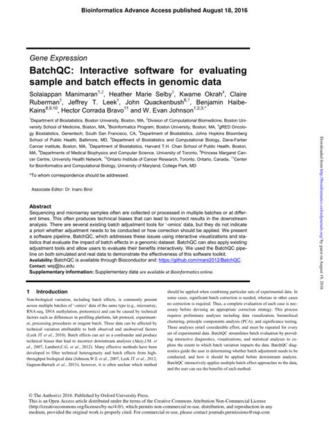 PDF BatchQC Interactive Software For Evaluating Sample And Batch Effects In Genomic Data