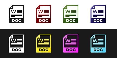 Doc 파일 문서 아이콘을 설정 합니다 문서 버튼 아이콘 흑백 배경에 고립 다운로드 Doc 파일 확장자 기호입니다 벡터 일러스트