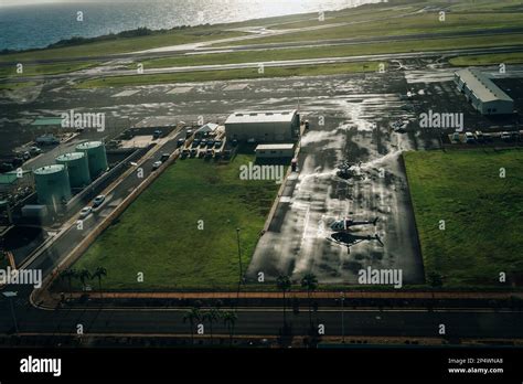Aerial View Of The Runway And Plane Hangars Of Lihue Airport On Kauai