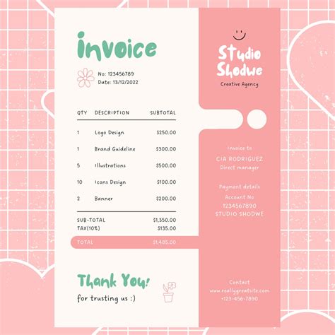 Pink Cute Invoice For Small Business Canva Ediitable Invoice Etsy