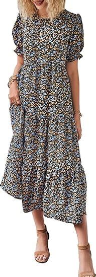 Prettygarden Womens Summer Casual Boho Dress Floral Print Ruffle Puff