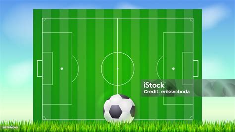 잔디와 공 하늘의 파란색 배경 축구 필드입니다 태그 평면도 함께 유럽 축구 필드와 배너 포스터에 대 한 배경 3 차원 일러스트 레이 션 인쇄 및 디자인에 대 한 준비 0명에