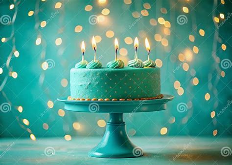 Stunning Teal Birthday Cake With Candles Bokeh Background A Perfect