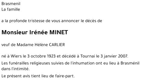 Avis De Décès De Irénée Minet Décédé Le 03012007 à Tournai Annonce