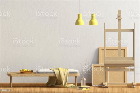 벤치와 함께 스 칸디 나 비아 스타일에서 현대적인 인테리어 디자인입니다 벽을 비웃는 다 3d 그림입니다 0명에 대한 스톡 사진