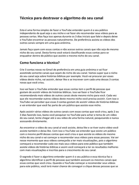 Técnica Para Destravar O Algoritmo Do Seu Canal Pdf Youtube