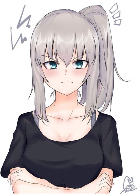 1girl Absurdres Alternatehairstyle Angry Artistname Bangs Blackshirt Blush Brastrap Closed
