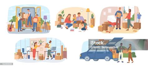 이동 이동 사람들 플랫 만화 캐릭터 세트 벡터 재배치 배달 서비스 가구 와 골판지 상자를 들고 있는 사람들 로더 배송 소지품 새 집이나 집을 이사 가족에 대한 스톡 벡터