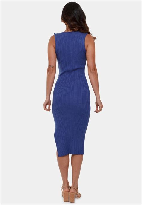 Tricô Vestido Midi Pink Tricot Modal Canelado Decote Canoa e Fenda Lateral Feminino Azul