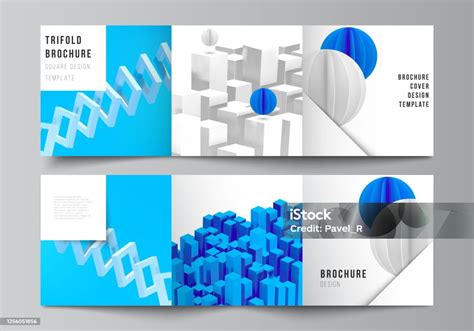 사각형의 벡터 레이아웃은 삼중 브로셔 전단지 잡지 표지 디자인 책 디자인을위한 디자인 템플릿을 다룹니다 동적 사실적인 기하학적 파란색 셰이프가 있는 3d 렌더링 벡터 컴