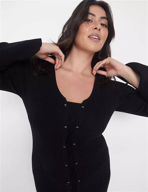 Long Sleeve V Neck Lace Up Front Sweater Dress