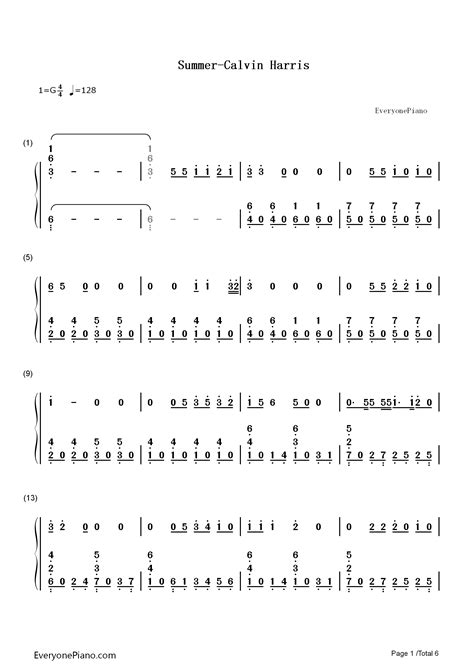 Summer Calvin Harris 钢琴谱文件（五线谱、双手简谱、数字谱、midi、pdf）免费下载