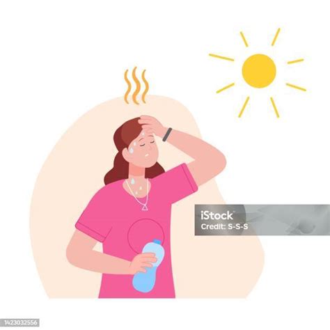 열에서 탈수 열사병으로 여름 햇빛에 탈수 된 여성 만화 땀을 흘리는 사람 야외 더운 온도 태양 날씨 증상 물 고갈 벡터 일러스트 레이 션 땀에 대한 스톡 벡터 아트 및 기타