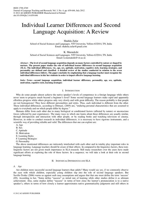 Pdf Individual Learner Differences And Second Language Acquisition A Review