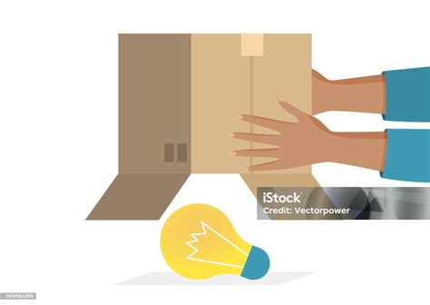 전구 아이디어 개념을 가진 골판지 상자를 들고 있는 손 창의성과 혁신의 파헤치기 벡터 일러스트 레이 션입니다 짐 풀기에 대한 스톡 벡터 아트 및 기타 이미지 Istock
