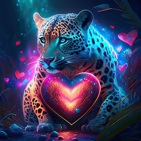 Jaguar Hugging Heart Neon Leopard With Heart In The Forest Vector
