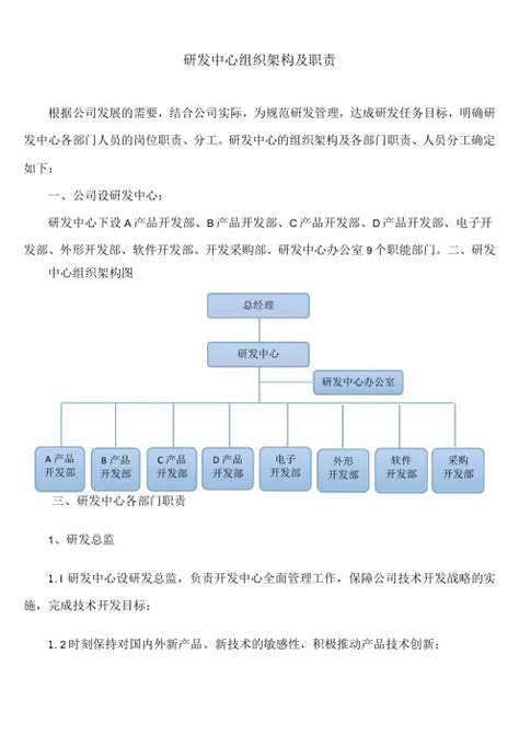 研发中心组织架构和部门职能及各岗位职责说明书 文档之家