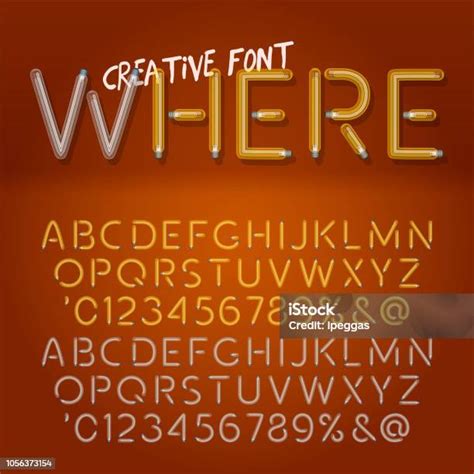 크리에이 티브 현실적인 램프 폰트입니다 라이트 전구 텍스트 효과입니다 벡터 전구 램프 알파벳 오렌지 배경에 고립 벡터 일러스트 레이 션 0명에 대한 스톡 벡터 아트 및 기타