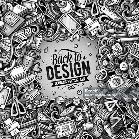 만화 벡터 낙서 디자인 카드입니다 많은 오브젝트 일러스트레이션과 함께 상세한 그래픽 모든 항목은 분리되어 있습니다 예술적 재미있는 테두리 3차원 형태에 대한 스톡 벡터 아트