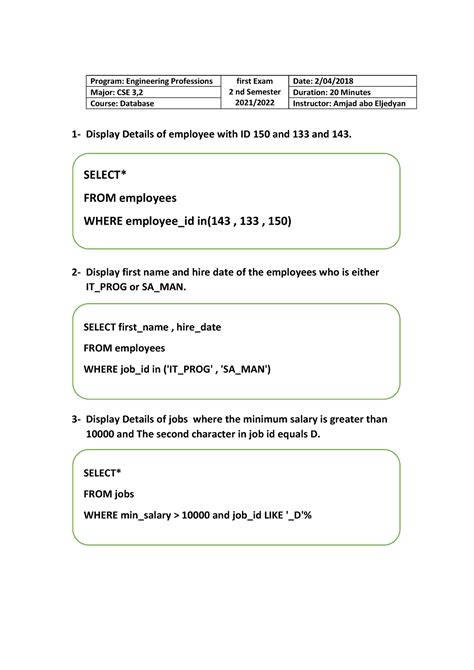 Q Db1 Solve Quiz Questions For Database Course Program Engineering Professions First Exam 2