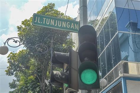 Tunjungan Road Sign And Zebra Crossing Traffic Lights 43228982 Stock