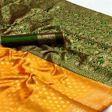 Yellow Floral Woven Banarasi Silk Saree