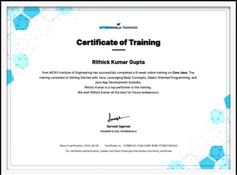 Rithick Kumar Gupta On Linkedin Training Internshala Corejava