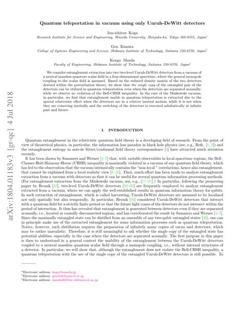 Pdf Quantum Teleportation In Vacuum Only Via Unruh Dewitt Detectors