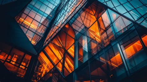 Modern Architectural Design Showcases Angular Glass Structure Illuminated At Dusk Stock Image
