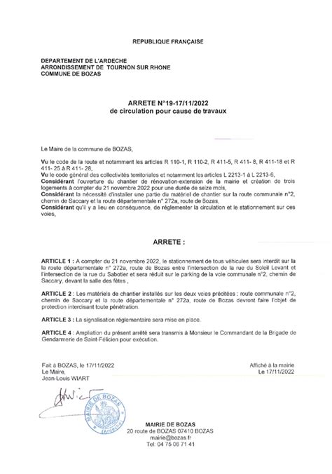 Arrêté de Circulation Travaux de la Mairie Mairie de Bozas