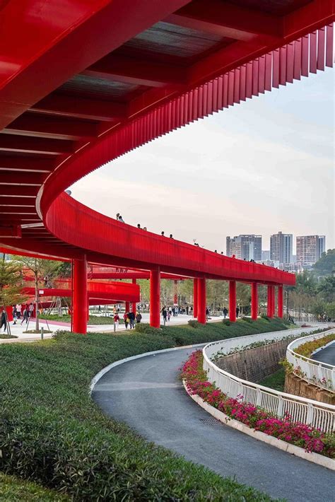 An Elevated Red Path Connects The Forest And Sports Park In Shenzhen