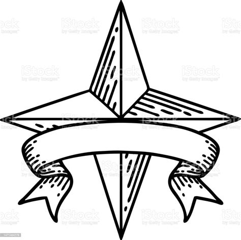 Tatouage Traditionnel Au Trait Noir Avec Bannière Dune Étoile Vecteurs