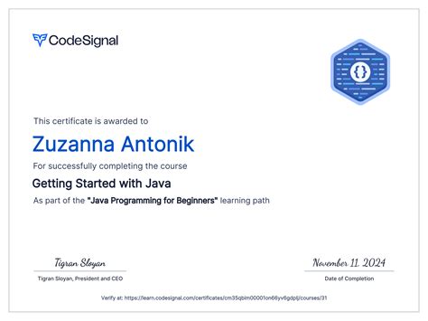 Course Certificate For Getting Started With Java Codesignal Learn