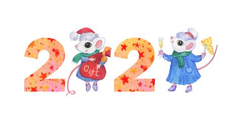 겨울 옷에 흰색 귀여운 작은 마우스와 비문 2020 쥐와 새해 인사말 카드입니다 흰색 배경에 고립 된 만화 수채화 손으로 그린
