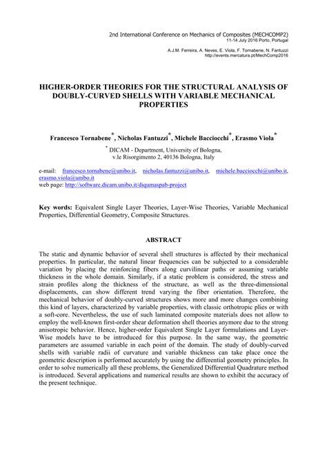 Pdf Higher Order Theories For Structural Analysis Of Doubly Curved Shells With Variable