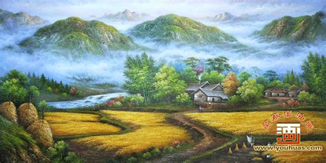 【丰收的村庄 高山流水油画风景画作品 Gs8011】 黄泰华油画网