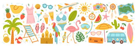 여름 해변 요소가 귀여운 큰 세트입니다 바다 휴가를 위한 휴가 액세서리 만화 벡터 일러스트 레이 션 개체 그룹에 대한 스톡 벡터 아트 및 기타 이미지 Istock