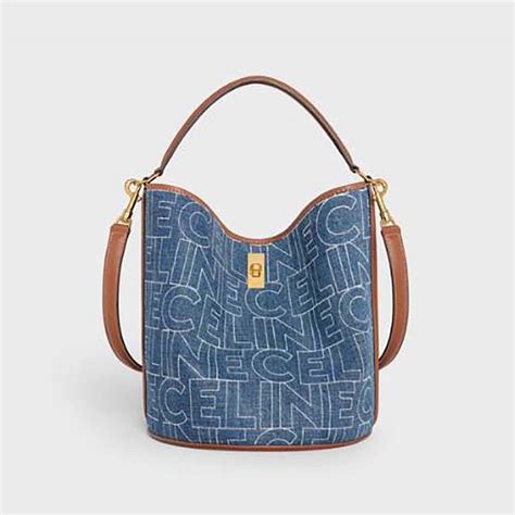 Celine Women Bucket 16 Bag In Denim With Celine All Over Print Navy