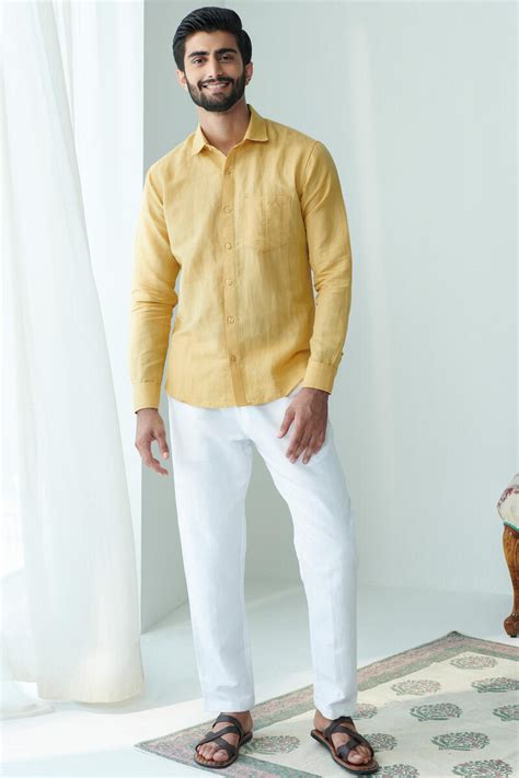 Buy Yellow Handcrafted Cotton Linen Shirt For Men FGMNS22 67 Farida