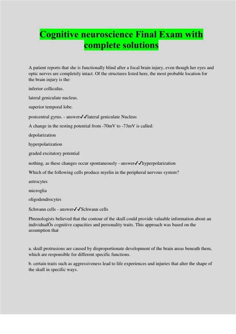 cognitive neuroscience final exam with complete solutions cognitive