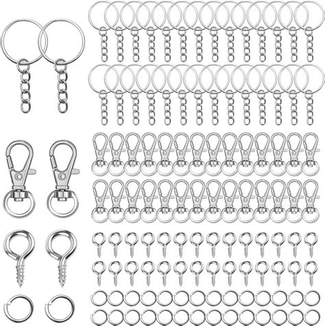 Lot de 100 Fermoirs Mousquetons et Anneaux Porte Clés avec Boîte en