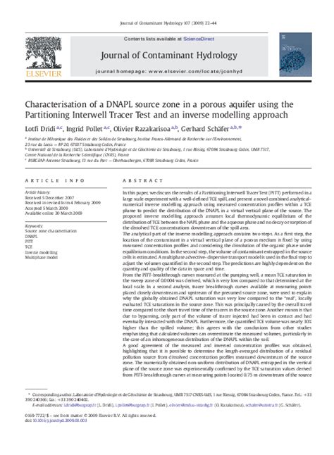 Pdf Characterisation Of A Dnapl Source Zone In A Porous Aquifer Using The Partitioning