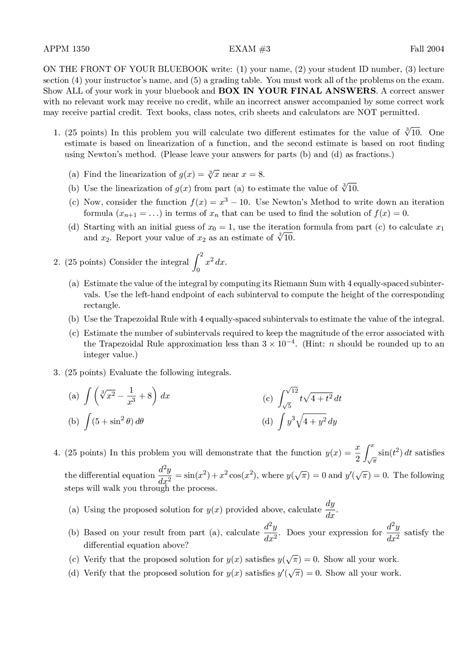 Exam 3 Questions Calculus 1 For Engineers Appm 1350 Docsity
