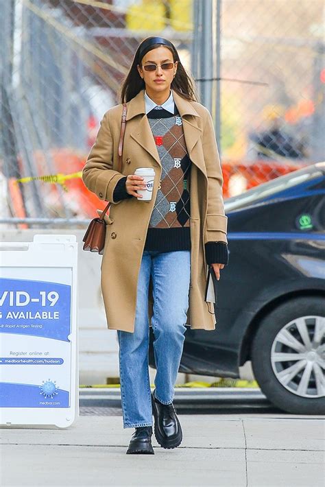 Irina Shayk Gets Preppy In A Plaid Cardigan Jeans And Her Favorite